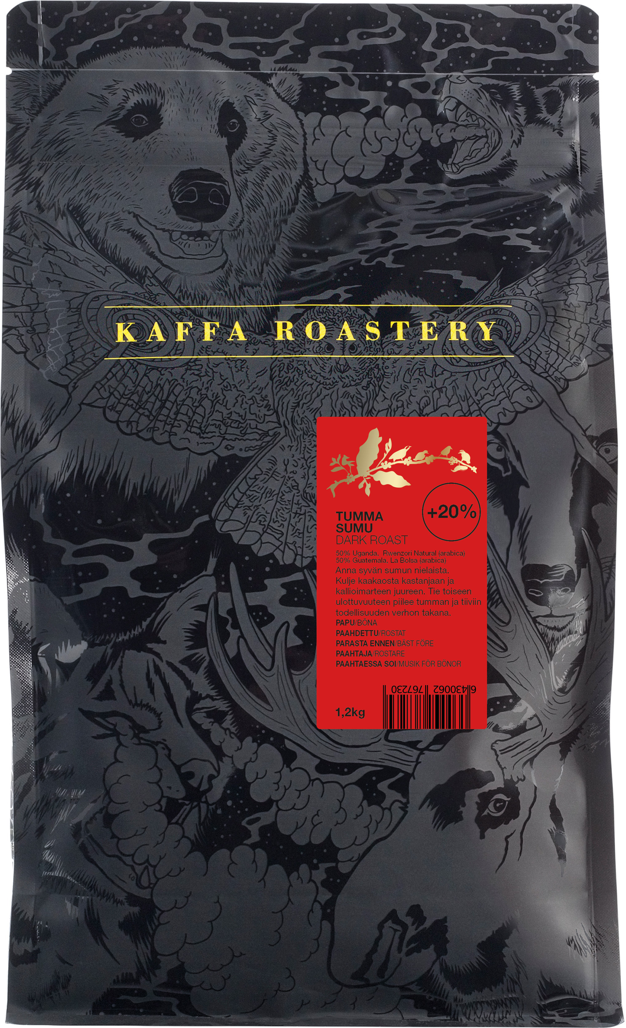 Kaffa Roastery Tumma Sumu -kahvipapu, 1 kg + 200 g – Verkkokauppa.com