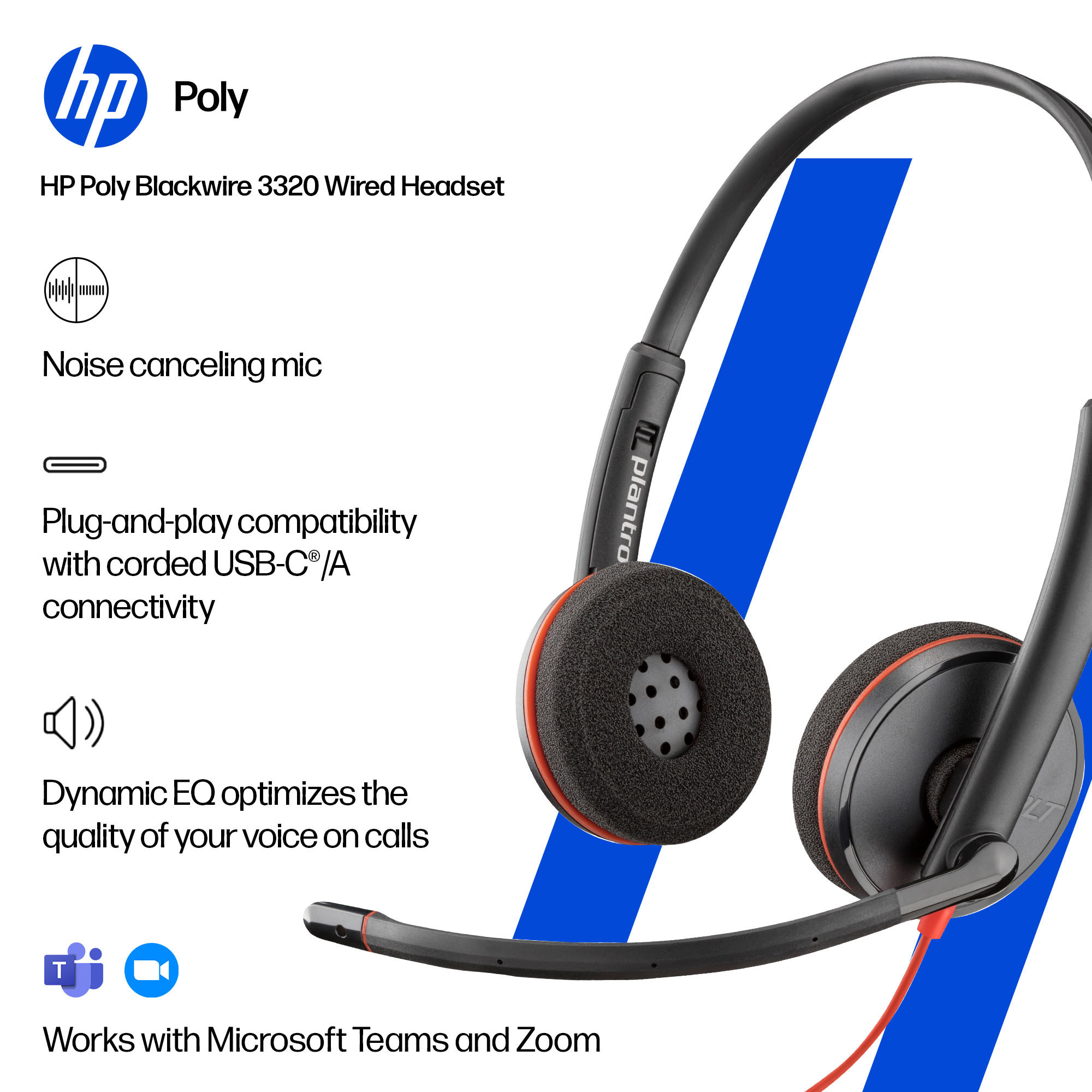 Poly Blackwire 3320 stereokuulokemikrofoni, USB-C, Microsoft Teams ...