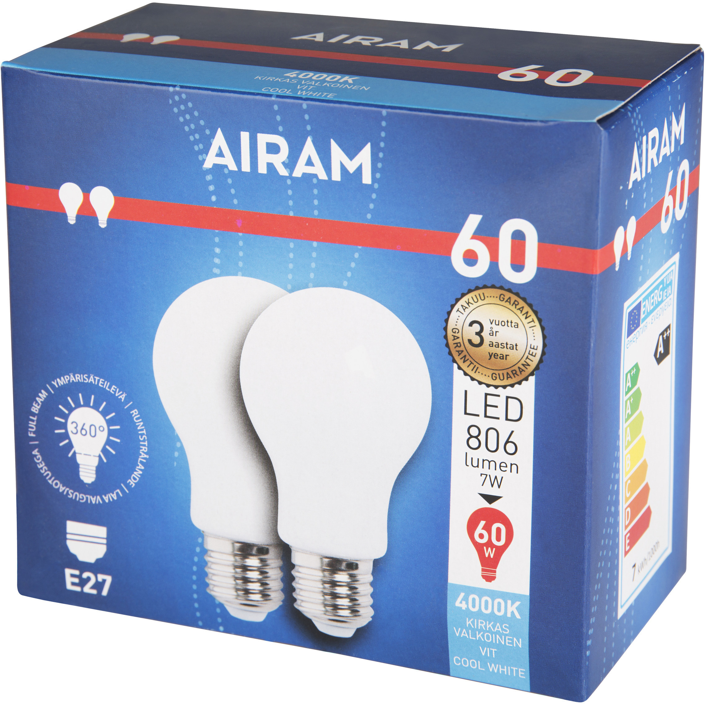 Airam LED -lamppu 2-pack, E27, 4000 K, 806 lm, opaalikupuinen – Verkkokauppa.com