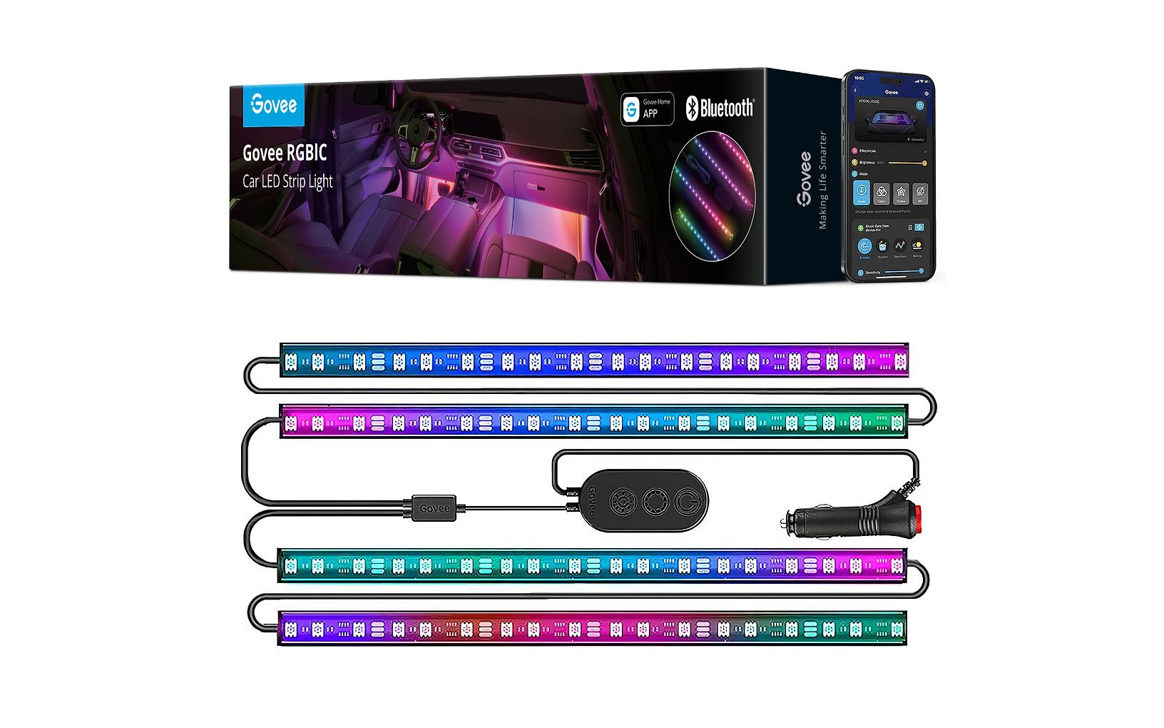 Govee RGBIC Interior Car Lights LED-valonauhat autoon, 12 V ...
